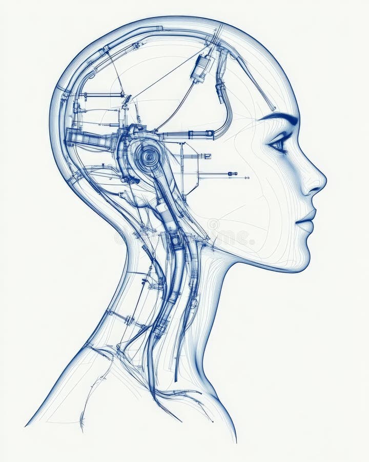 Technical Blueprint Style Illustration of Human Head Digital Network ...