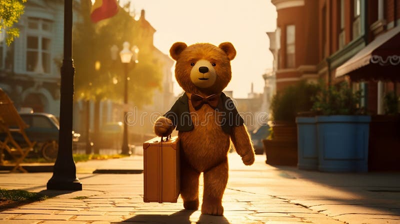 A Teddy Bear Walks Down a Cobblestone Road with Luggage Stock ...