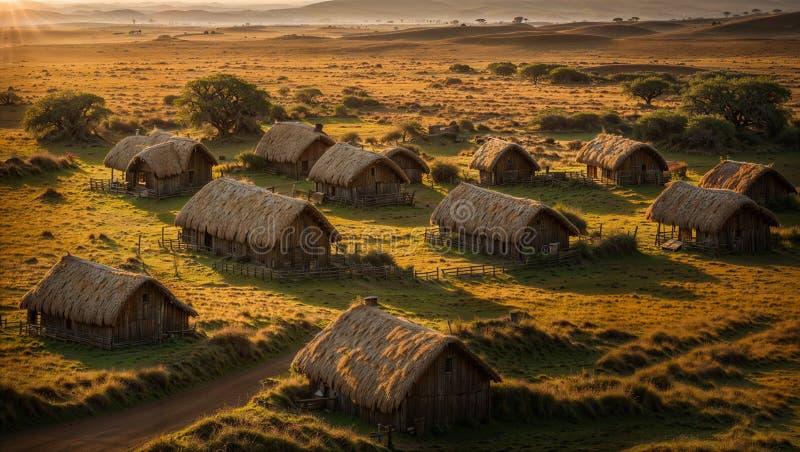 AI Generated Illustration of Thatched Huts Nestled Amidst a Tree-filled ...