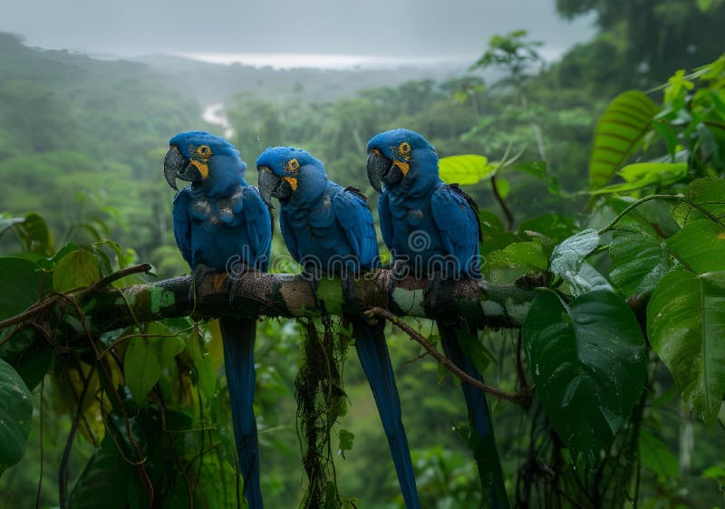 Three Blue Parrots Sitting on a Branch in the Jungle Stock Illustration ...