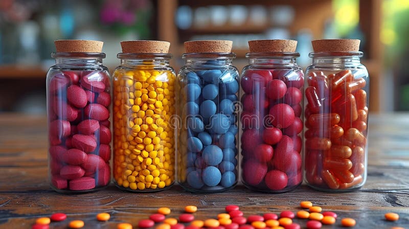 Three Different Color Candy Bottles Sit Side by Side on a Table Stock ...