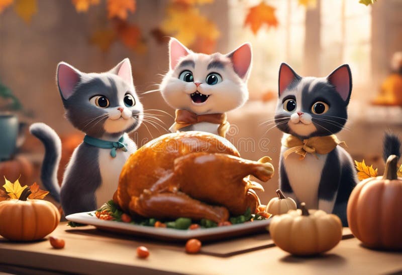 Three Cats Looking at the Turkey that they are Holding in Their Paws ...