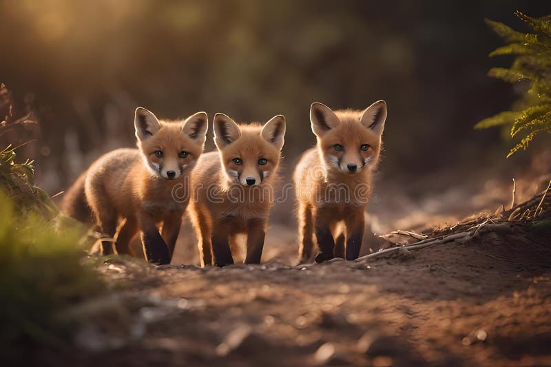 Three Young Foxes Walk Along a Dirt Path in a Wooded Area Stock ...