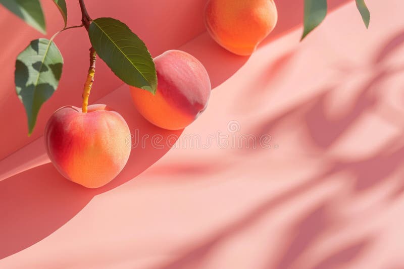 AI Generated Illustration of Three Peaches on Pink Surface with Green ...