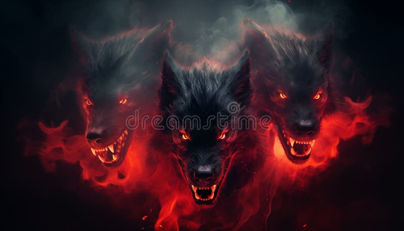AI Generated Illustration of Three Red Fire Wolf Heads with Bared Fangs Against a Black ...