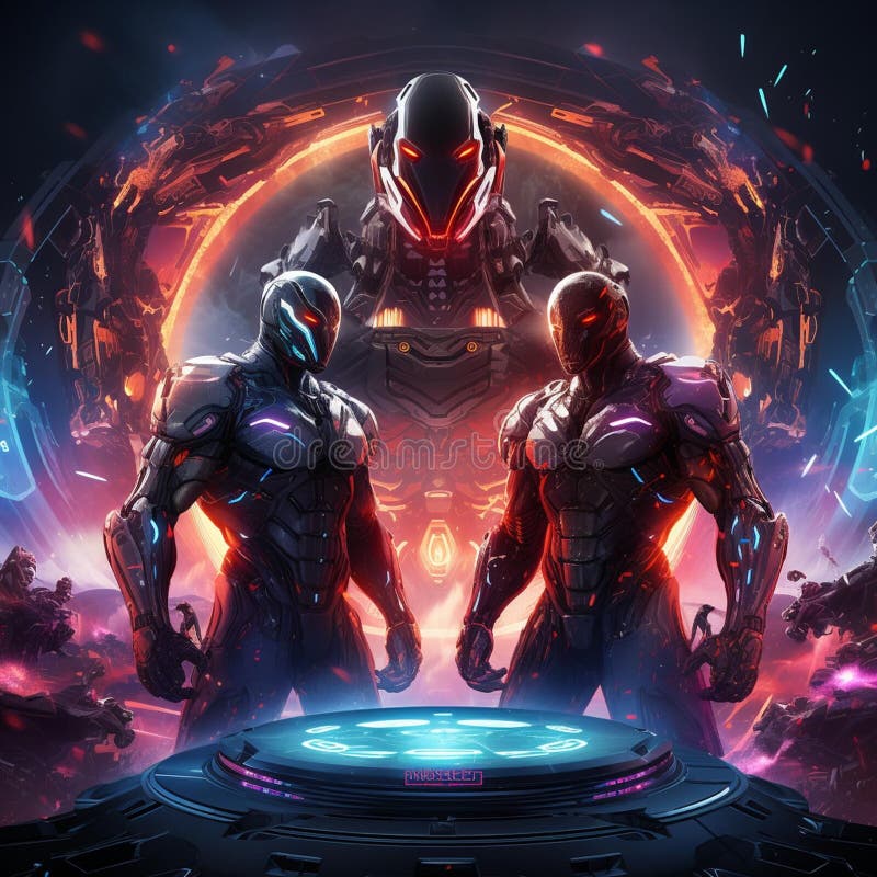 AI Generated Illustration of Three Sci-fi Figures in Neon Lights Stock ...