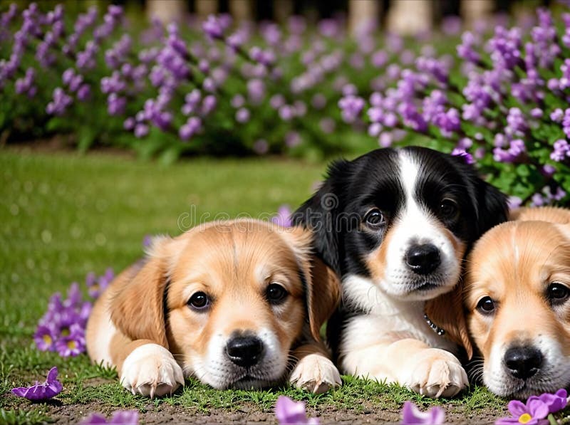 AI Generated Illustration of Three Tiny Brown and White Dogs on a Lush ...