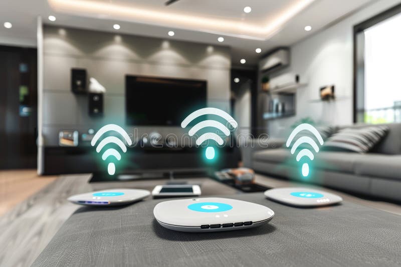 AI-generated Illustration of Three Wifi Access Points on a Table in a ...