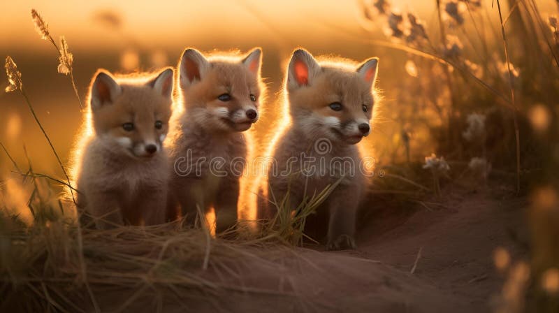 AI-generated Illustration of Three Young Fox Pups Sitting in a Meadow ...