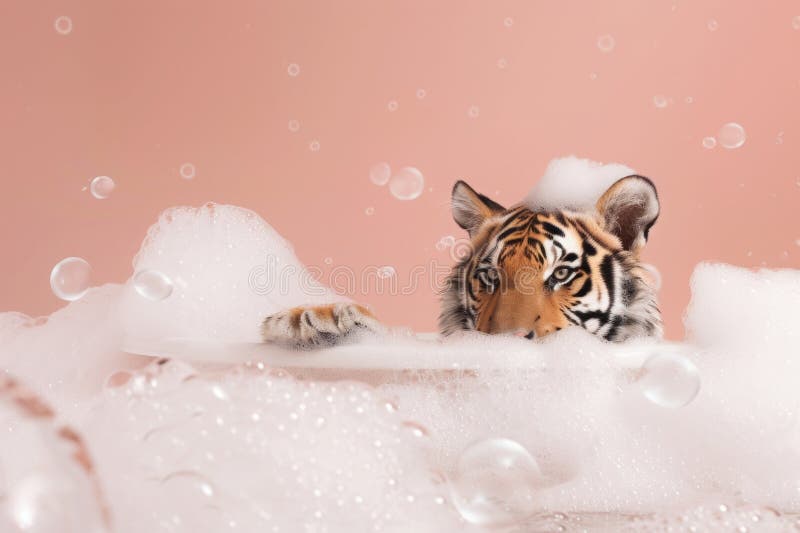 AI Generated Illustration of a Tiger in Bath with Soap Bubbles Stock ...