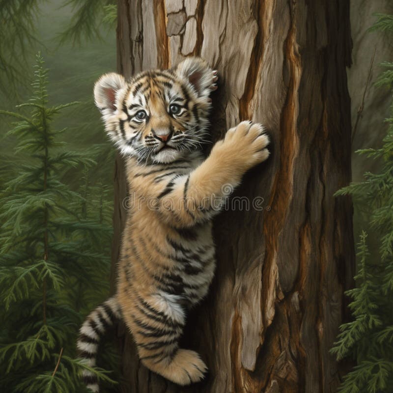 AI Generated Illustration of a Tiger Cub on a Tree Trunk in a Lush ...
