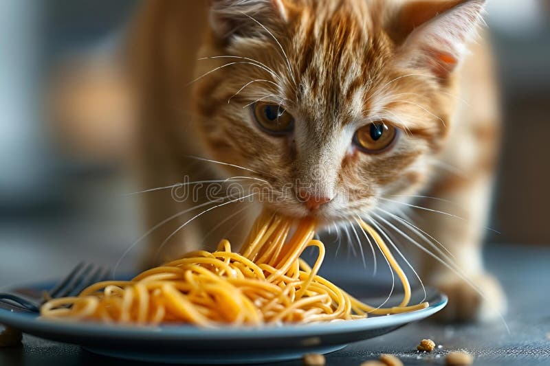 A Small Cat Eats Pasta Off a Plate with a Fork Stock Illustration ...