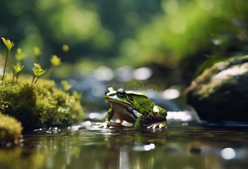 A Small Frog Sitting on Top of Moss Covered Rocks in the Water Stock ...