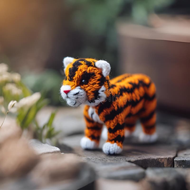 AI Generated Illustration of a Tiny Knitted Tiger Standing on Rocks ...