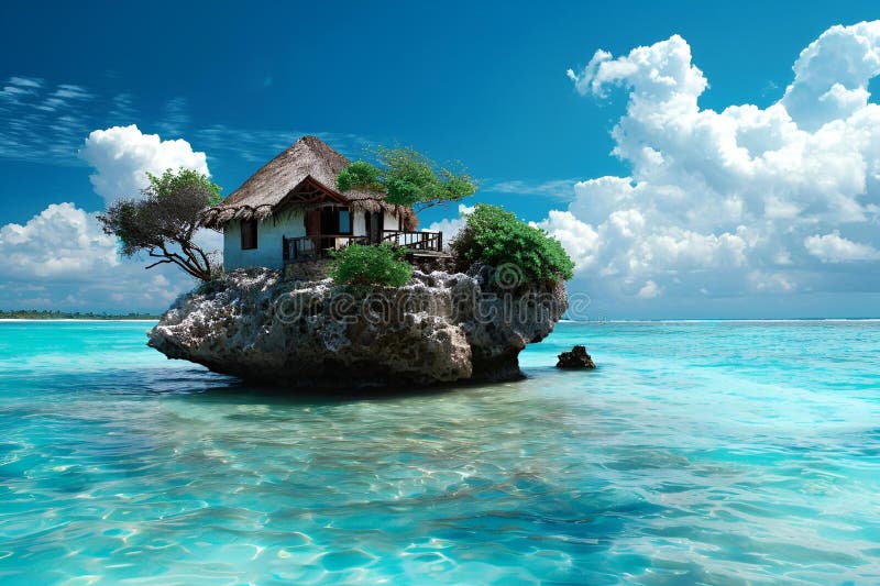 AI Generated Illustration of a Tiny Ocean Hut Perched on a Solitary ...
