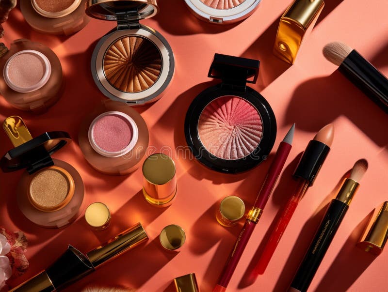 AI Generated Illustration of a Top View of Various Makeup Products on ...