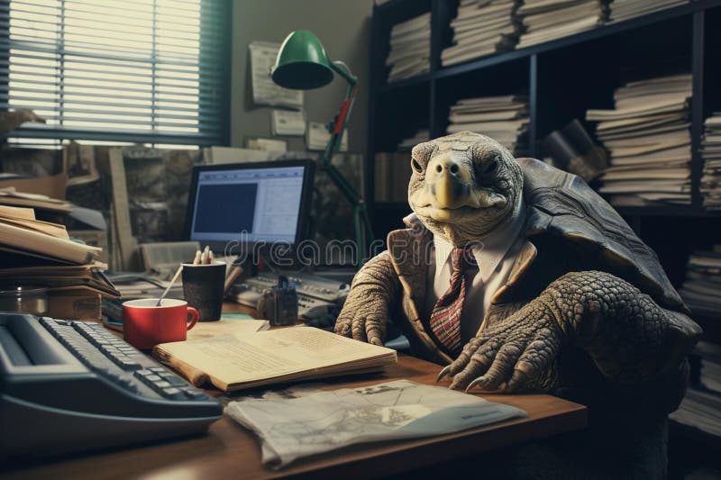 AI Generated Illustration of a Tortoise Seated at a Desk Using a ...