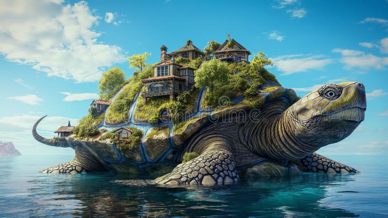 AI Generated Illustration of a Town Perched on a Floating Turtle in the ...