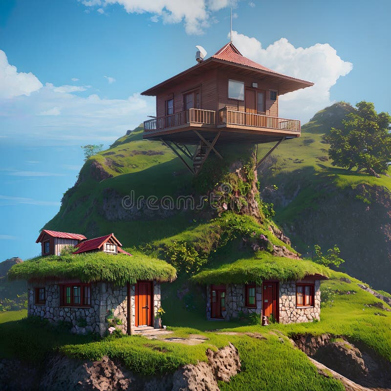AI Generated Illustration of a Traditional, Thatch-roofed House Atop a ...