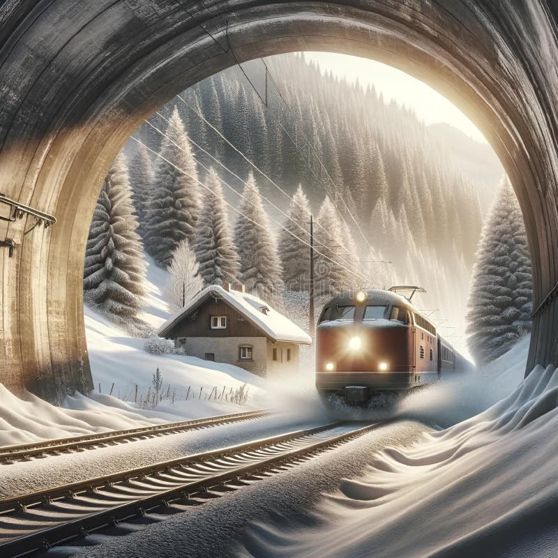 AI Generated Illustration of a Train Passing through a Snowy Mountain ...