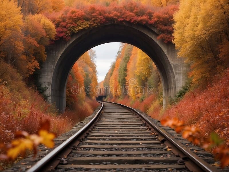 AI Generated Illustration of a Train Track Winding through Fall Foliage ...