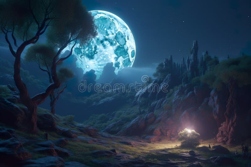 AI Generated Illustration of Tranquil Night with Rocky Cliffs and Trees ...