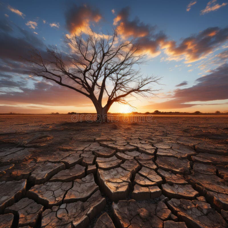 AI Generated Illustration of a Tree on Dehydrated Mud Flats Stock ...
