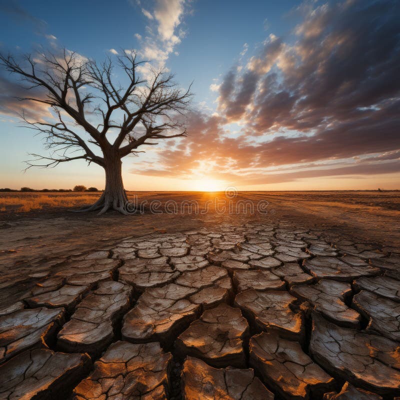 AI Generated Illustration of a Tree on Dehydrated Mud Flats Stock ...