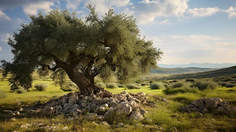 A Tree on the Side of a Road Surrounded by Rocks Stock Illustration ...