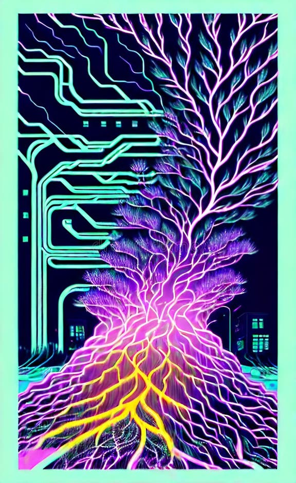 AI Generated Illustration of a Tree with Roots and Electric Circuits ...