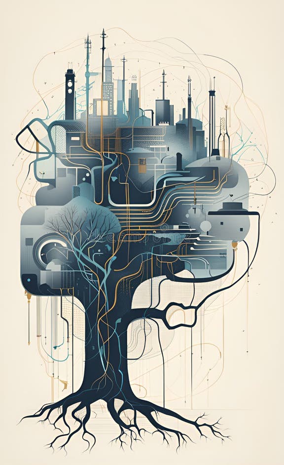 AI Generated Illustration of a Tree with Roots and Electric Circuits ...