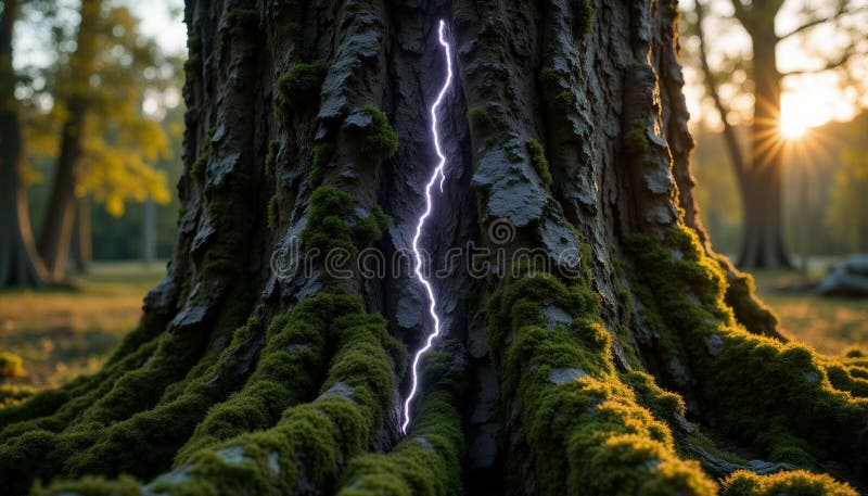 AI-generated Illustration of a Tree Trunk with Moss and a Lightning ...