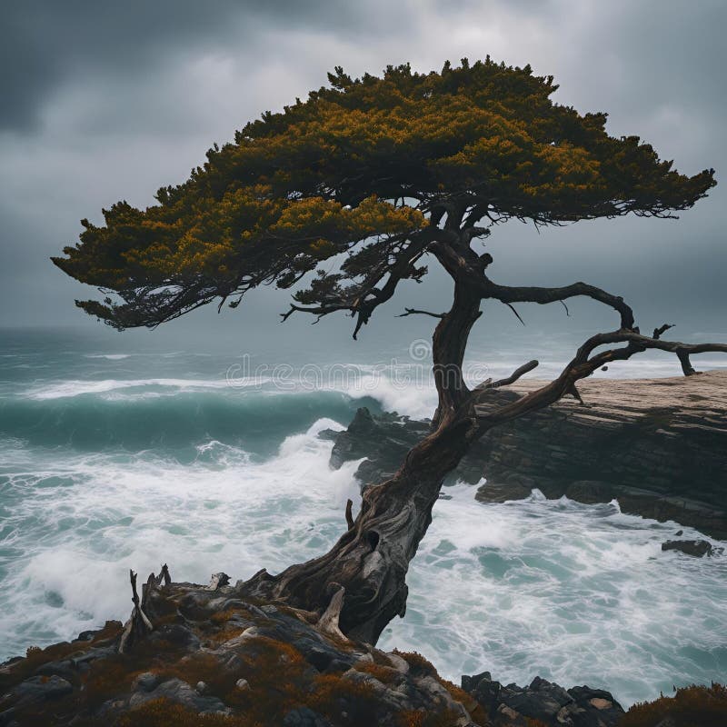 AI Generated Illustration of a Tree on a Windy Day by the Ocean Under a ...
