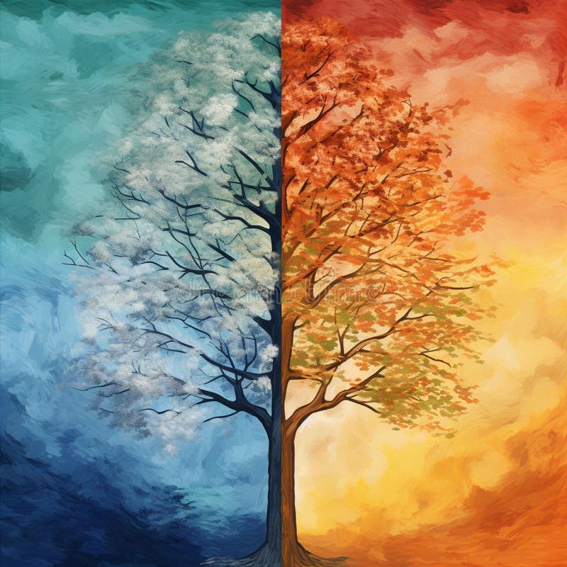 AI Generated Illustration of a Tree in Winter and Summer Stock ...