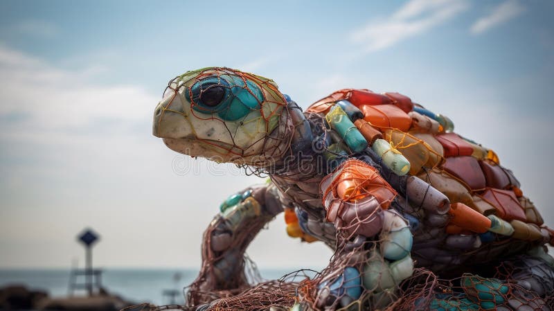 AI Generated Illustration of a Turtle Covered by Plastic on a Beach ...
