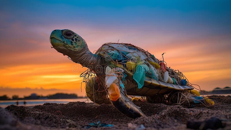 AI Generated Illustration of a Turtle Covered by Plastic on a Beach ...