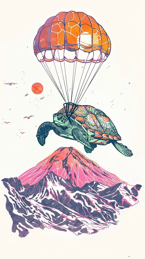 AI Generated Illustration of a Turtle with a Parachute Above Mountains ...
