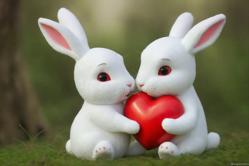 AI Generated Illustration of Two Adorable White Rabbits Holding a Heart ...