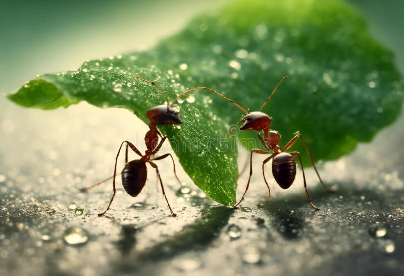 A Couple of Ants that are on a Leaf with Water Droplets Stock ...