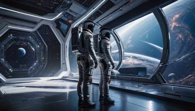 Two Men in Space Suits Stand Facing an Earth View from Inside a ...