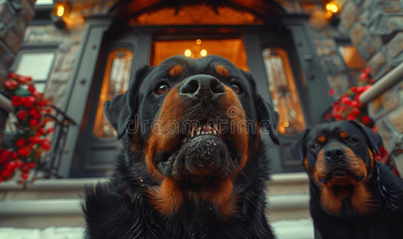 Two Large Dogs Standing in Front of a Stone Building on Steps Stock ...
