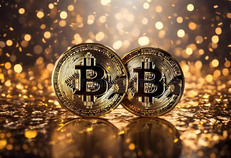 Two Bitcoins Sitting on Top of a Glittering Surface Stock Illustration ...