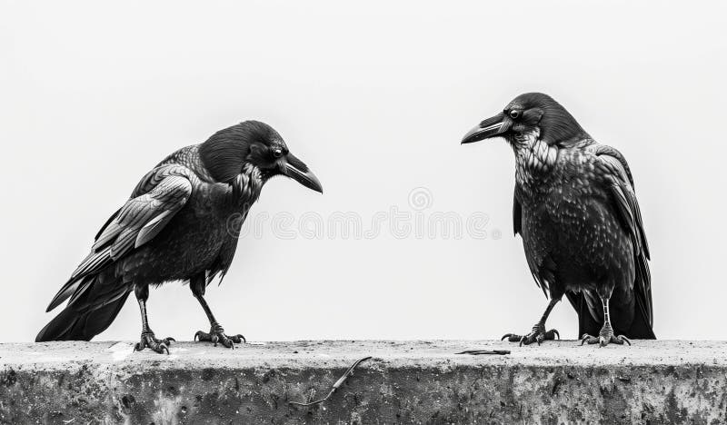 Two Black Crows Standing on a Stone Ledge, Facing One Another Stock ...