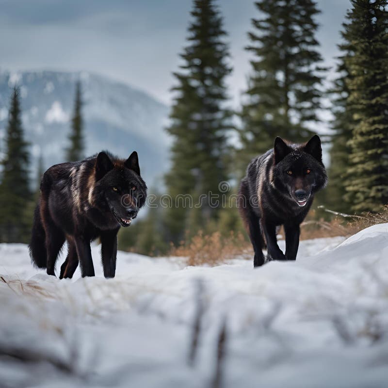 AI Generated Illustration of Two Black Wolves Stroll on Snowy Path in ...