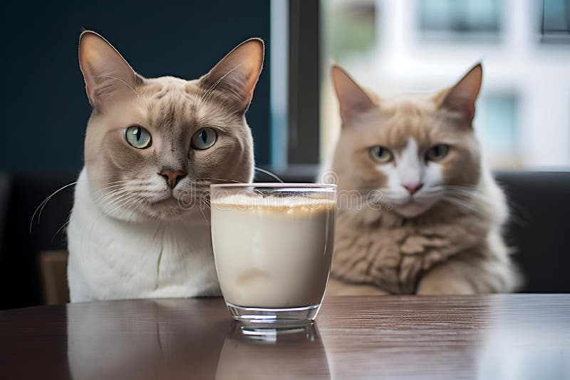 Two Cats Sitting on Table and a Coffee Cup Sitting Next To Each Other ...