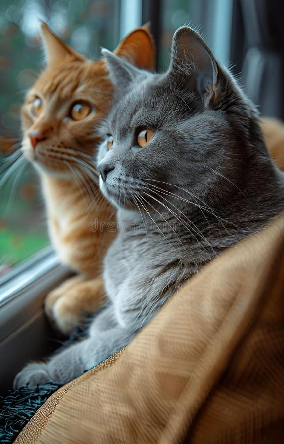 AI Generated Illustration of Two Cats, One Gray and One Orange, Sitting ...