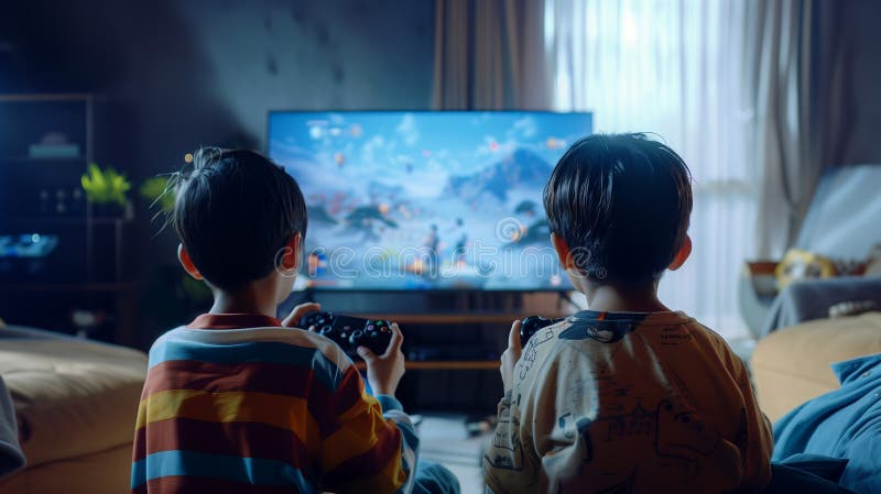 AI Generated Illustration of Two Children Playing a Video Game with a ...