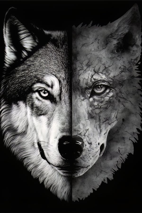 AI Generated Illustration of Two Different Wolves Sharing a Face in ...