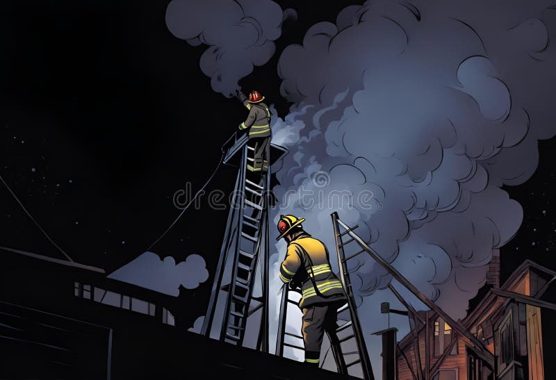 Two Firefighters are Standing on a Ladder with Smoke Coming Out Stock ...