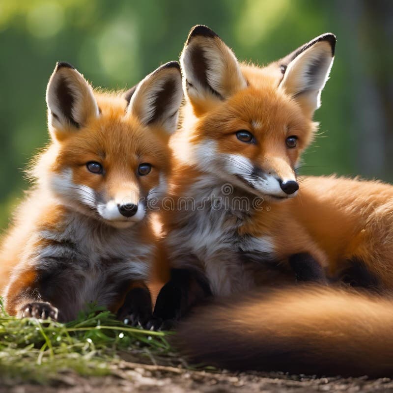 Two Foxes are Sitting in a Dirt Patch on Some Grass Stock Illustration ...